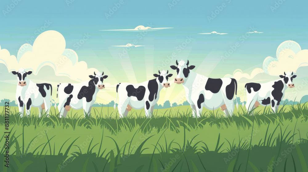 Cartoon illustration of black and white cows standing in a green field ...