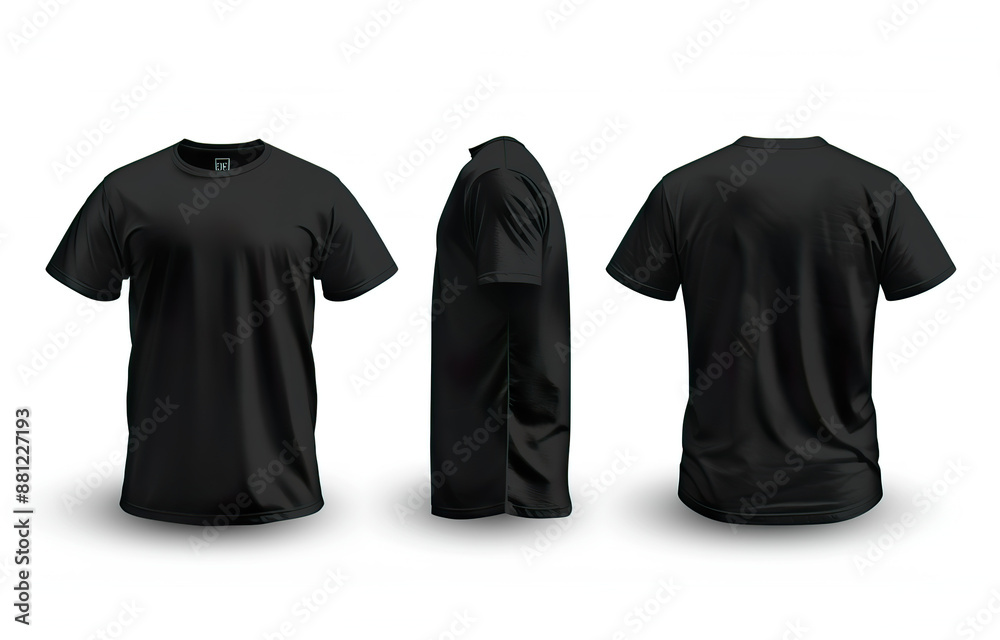 Versatile black t-shirt front, side, and back views for mockup design ...