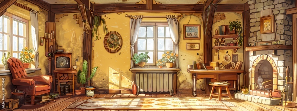 Fairy Tale Cottage Interior. Fiction Children Backdrop. Concept Art ...