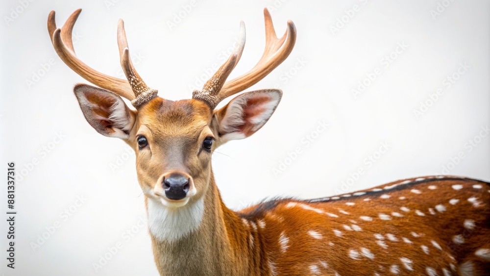 Majestic brown sika deer with white spots and gentle eyes standing ...
