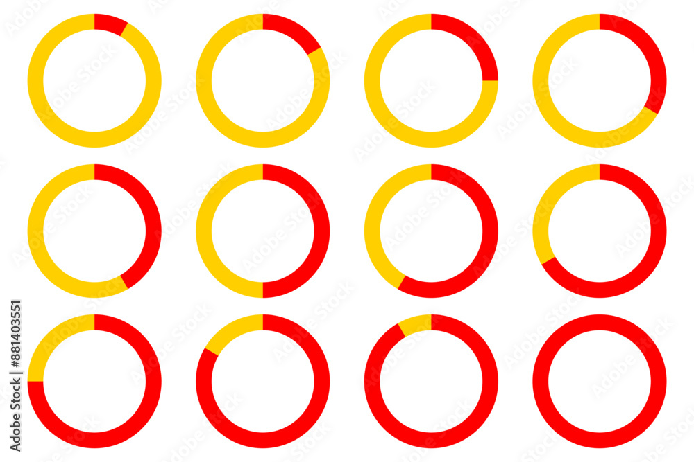 Set of circular progress bars in red and yellow. Different stages of ...