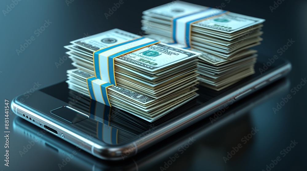 Smartphone displaying stacks of one hundred dollar bills illustrating ...