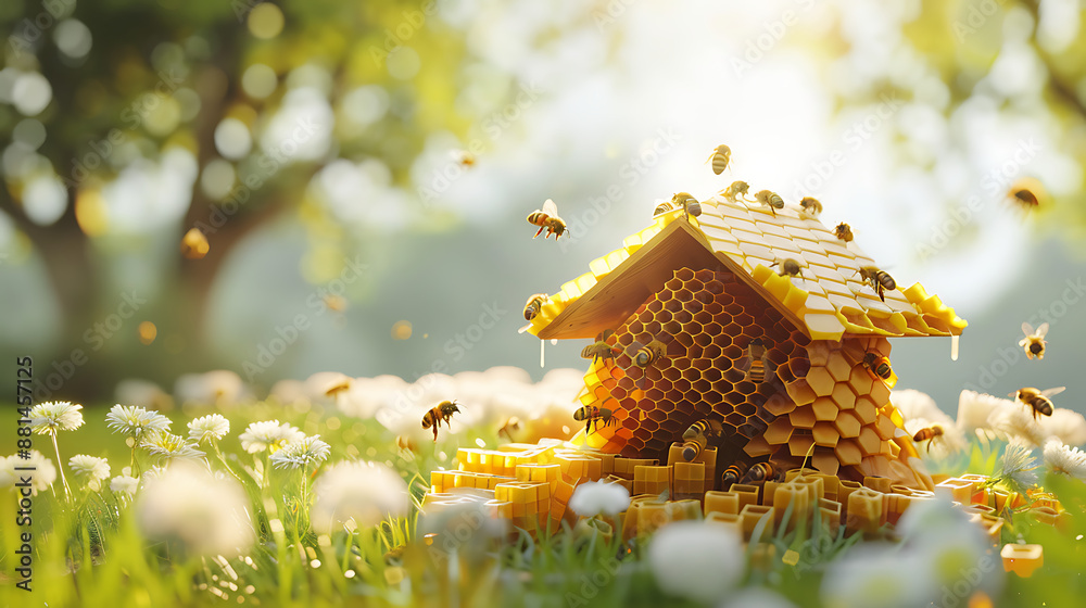 Honey bee house in American gabled house modern style. Life cycle of ...