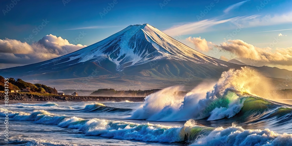 Mt. Fuji towering over turbulent waves crashing against rocky mountain ...