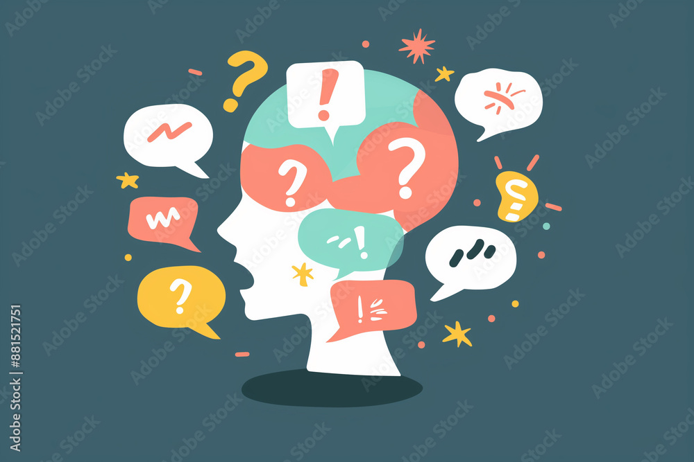 head filled with speech bubbles, exclamation marks and question marks ...