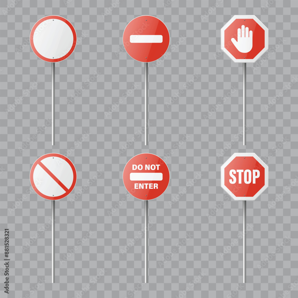 Six red road signs on transparent background, various shapes, isolated ...