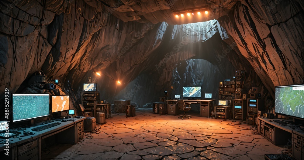 underground house interior. secret base lair in cave interior. high ...