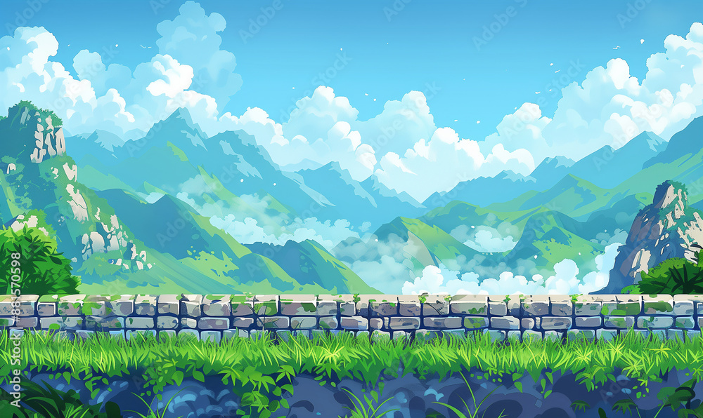 2d platform game background, blue sky, grass and mountains in the ...