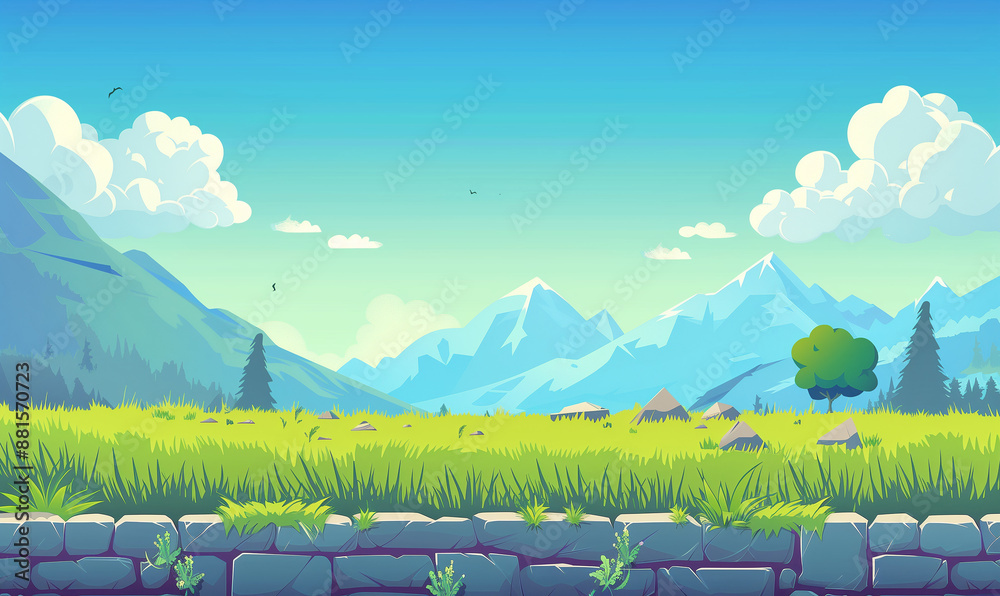 2d platform game background, blue sky, grass and mountains in the ...