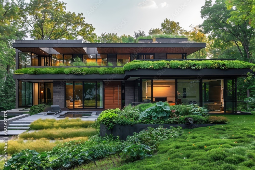 Depicts a sustainable and eco-friendly modern home, blending seamlessly ...