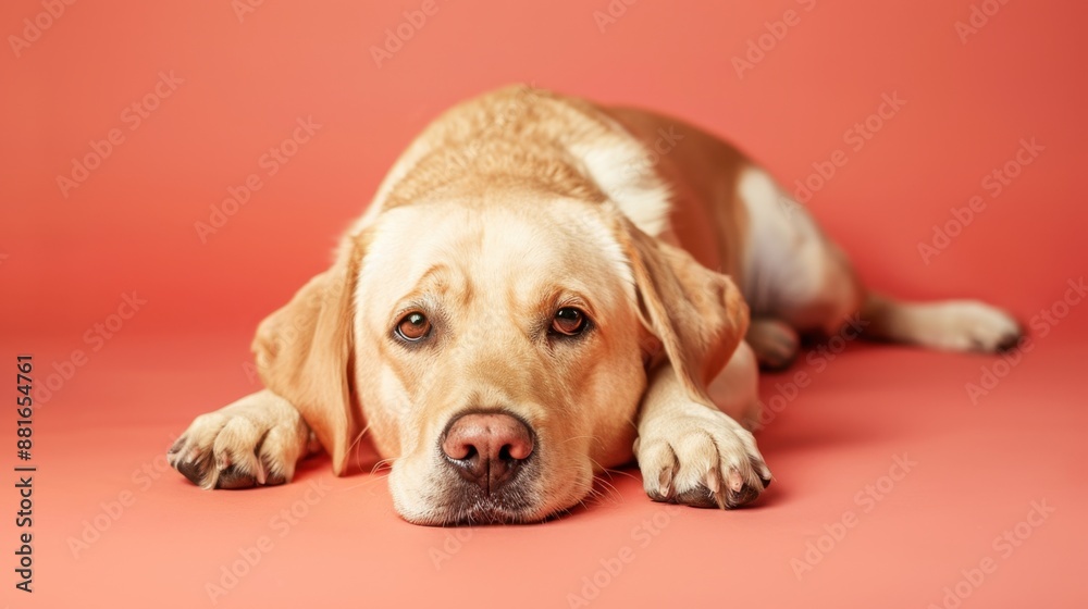Labrador Retriever lying down with relaxed expression on pure white ...