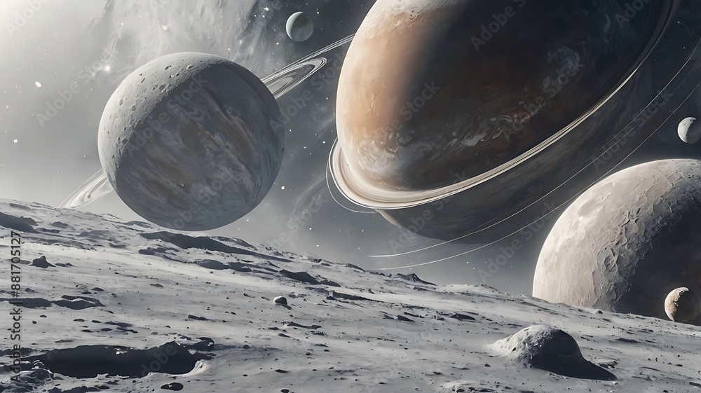 Space fantasy illustration with bright white theme full of planets and ...