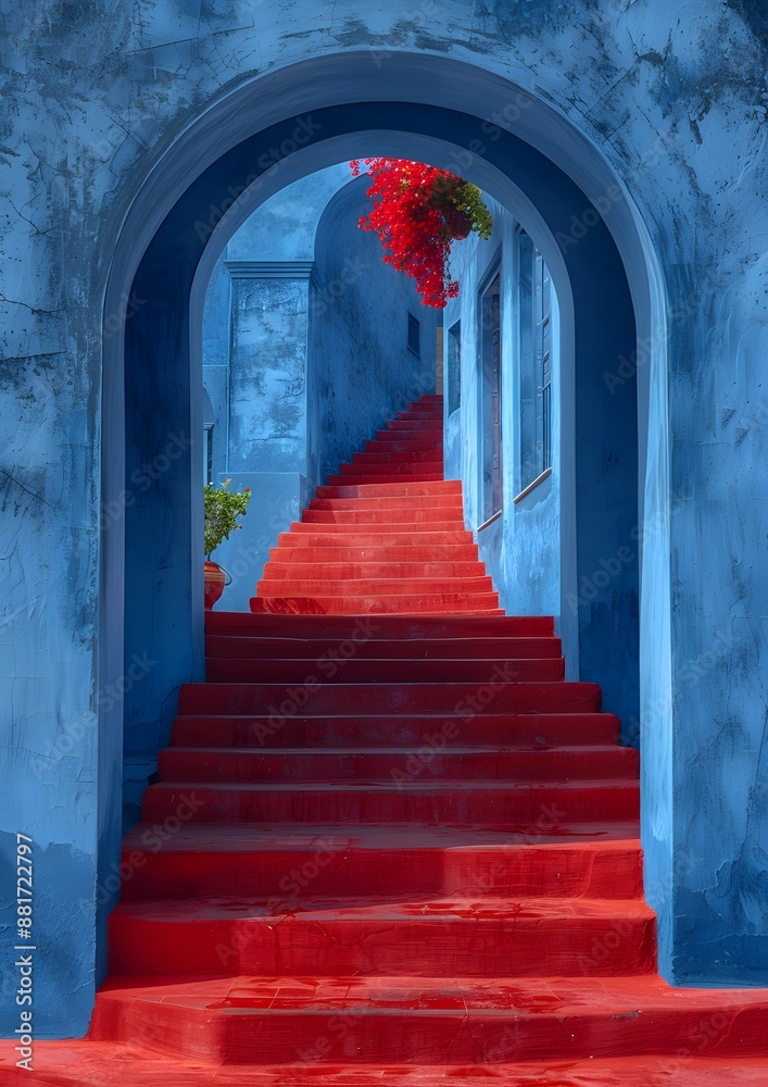 A blue archway with red steps leading up to it. The image has a warm ...