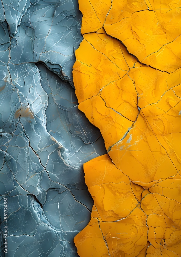 A cracked and broken rock with a blue and yellow color scheme. The blue ...