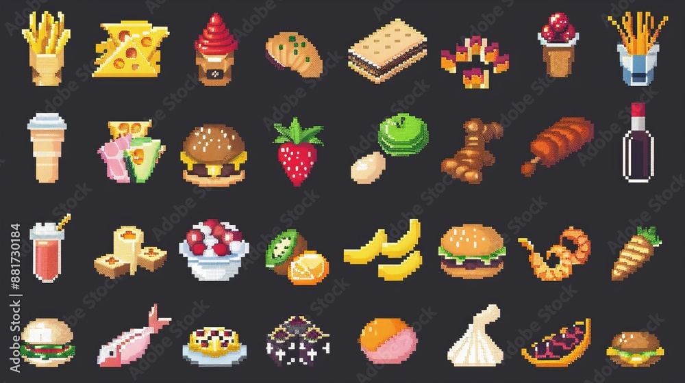 Food pixel art 80s style icons element design stickers, logo, menu ...