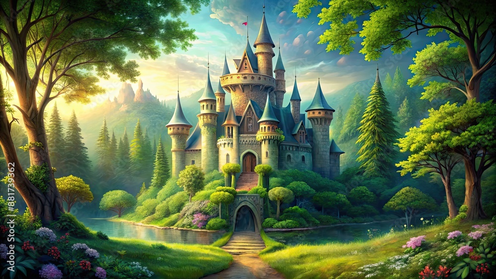 Enchanted forest castle surrounded by lush greenery, fit for a ...
