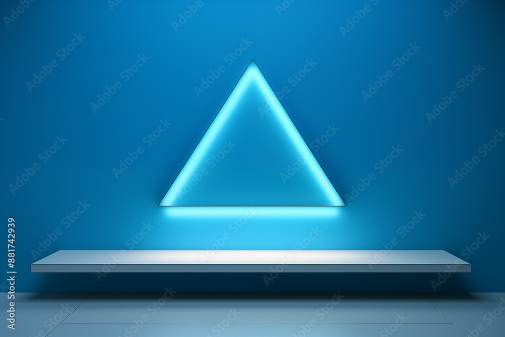 Minimalistic blue triangle wall art with neon lighting, offering a ...