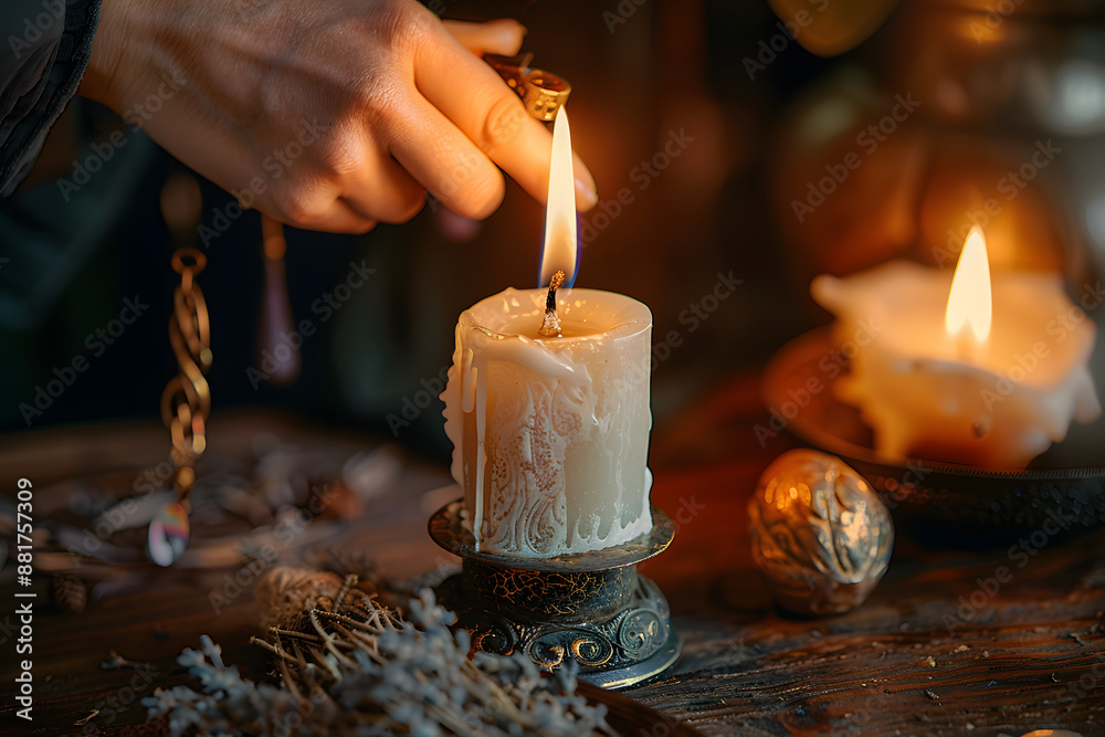 Wiccan witch putting out a white candle flame with antique brass gold ...