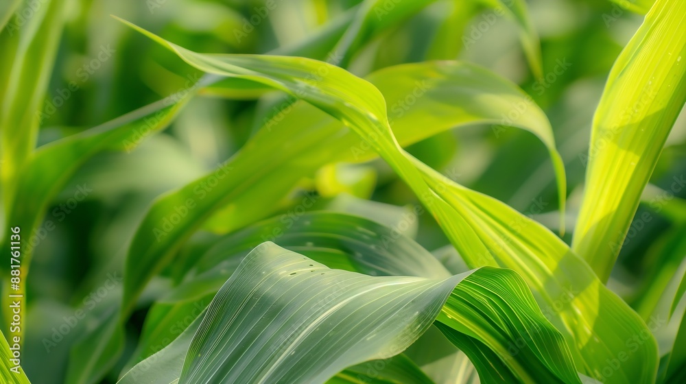 Green wavy leaf of corn Zea mays in the sun macro diagonally full face ...