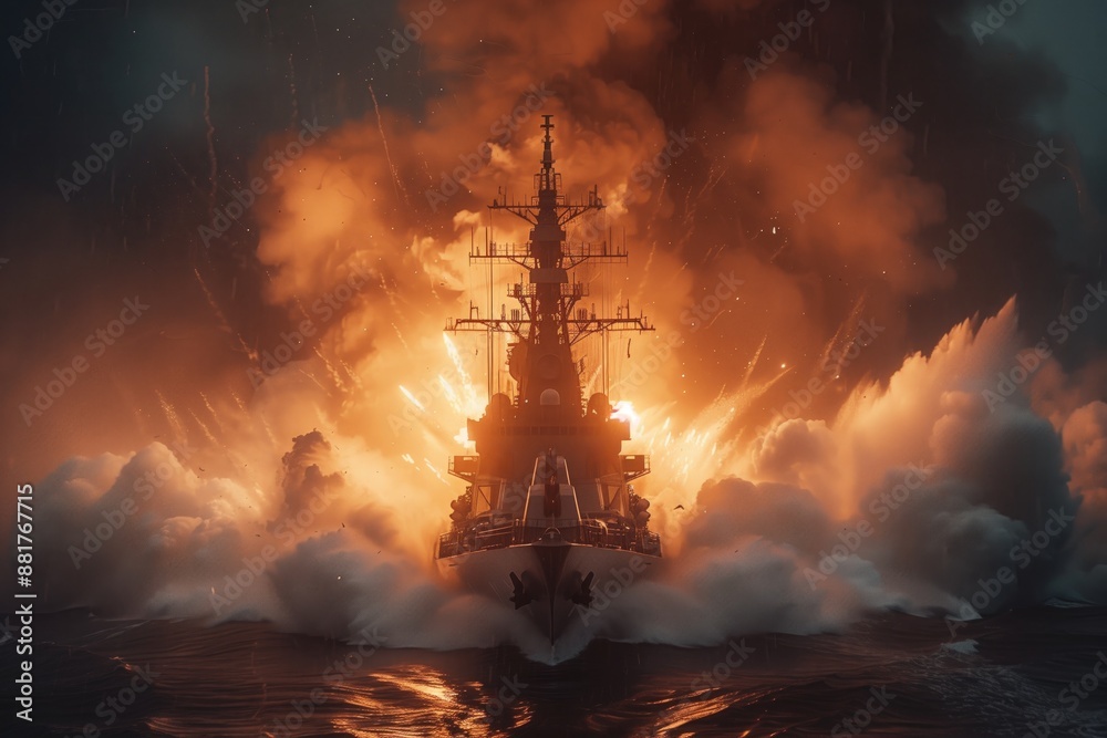 Missile Launch: A warship launching a barrage of missiles towards ...