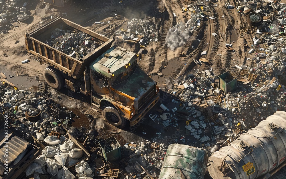 Dump truck hauling away garbage at a landfill. Stock Photo | Adobe Stock