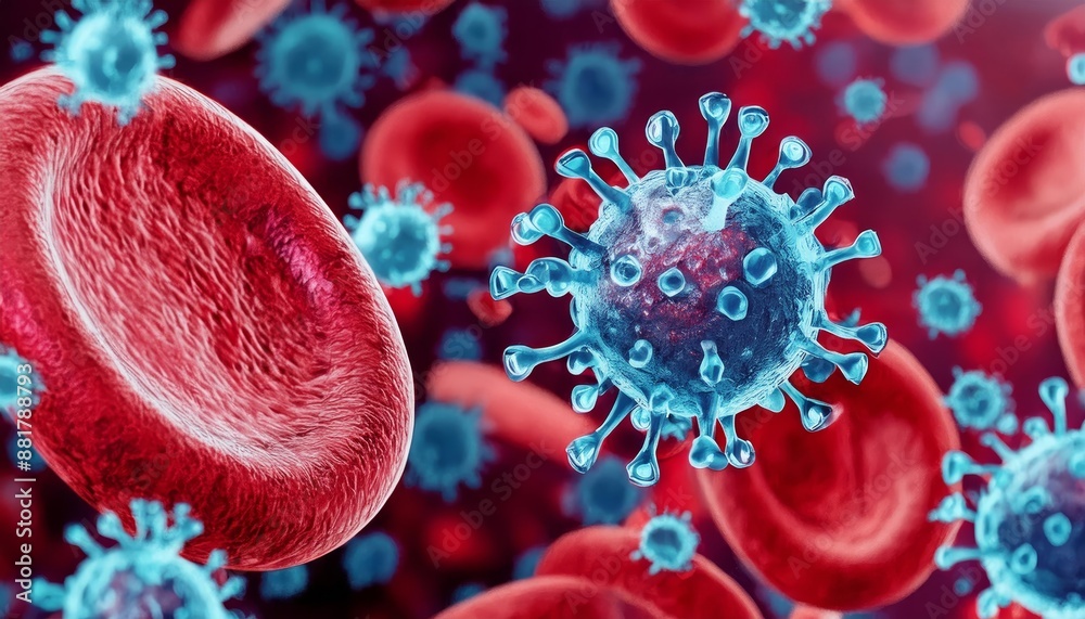 Microscopic enlargement of blue virus among red Blood cells in Artery ...