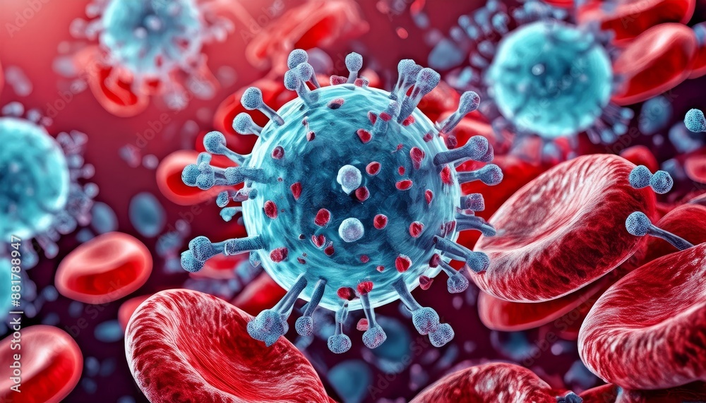 Microscopic enlargement of blue virus among red Blood cells in Artery ...