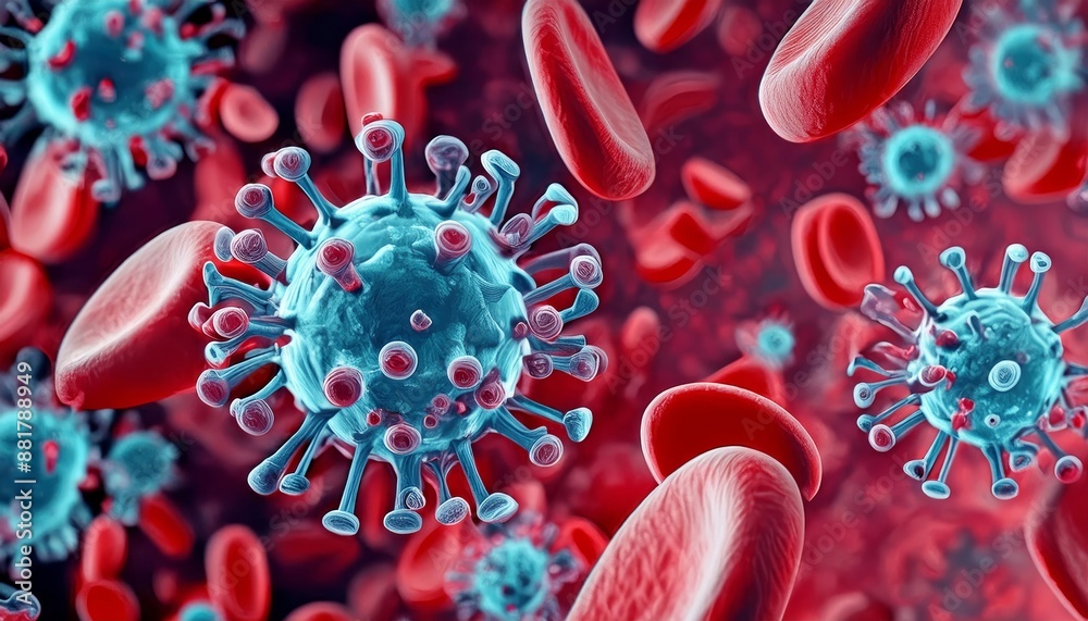 Microscopic enlargement of blue virus among red Blood cells in Artery ...