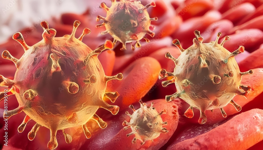 Microscopic enlargement of yellow / orange virus among red Blood cells ...