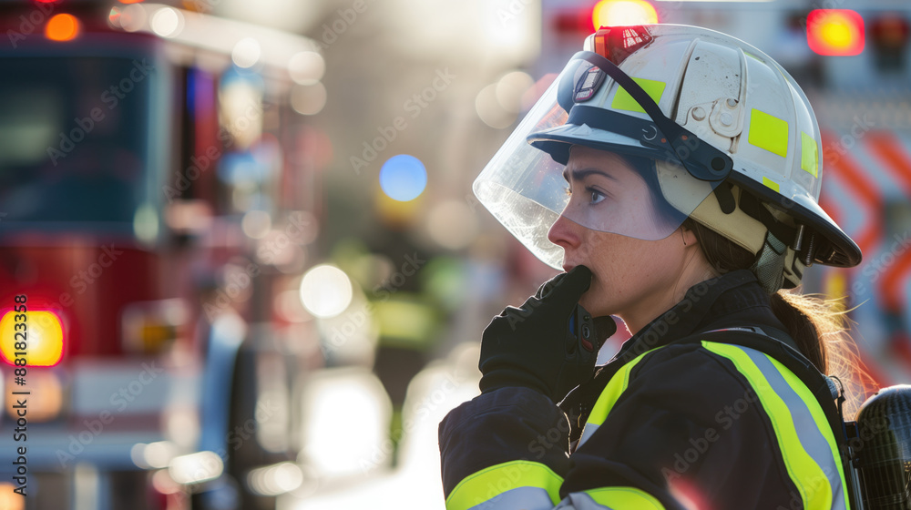 Female firefighter using a radio communication device, emergency vehicles in background ...