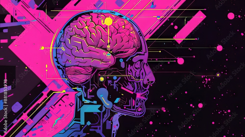 80s style illustration with digital AI, human brain, head, background ...