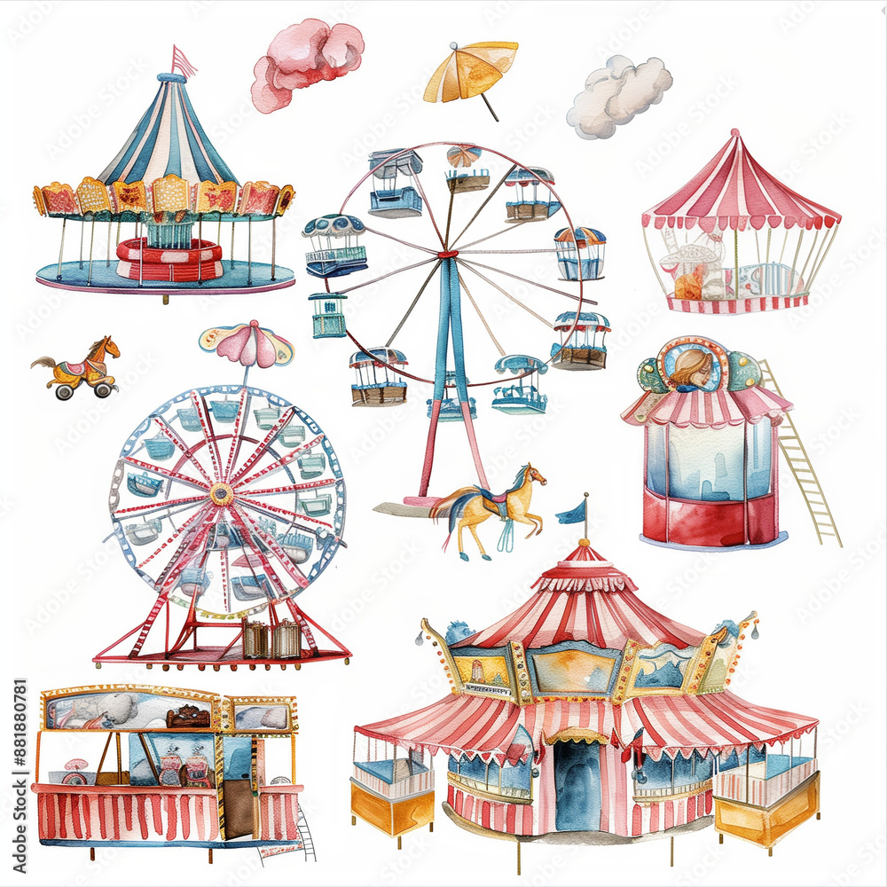 Watercolor fun fairground rides with a ferris wheel, carousel, roller ...