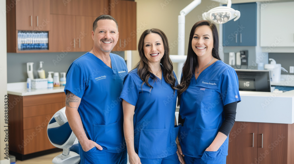 Three dental professionals in blue scrubs smile proudly in a modern ...