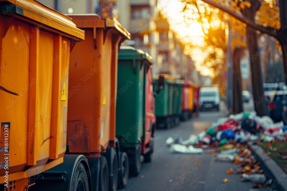Urban Landscape Littered with Trash Bins and Debris, Illustrating the ...