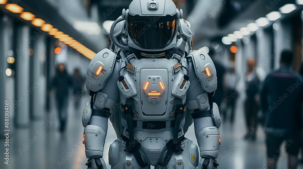 A person wearing an AI-powered exoskeleton suit, effortlessly lifting ...