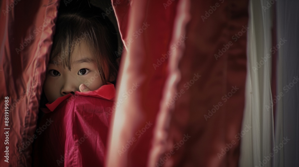 scared chinese little girl, hiding, indoor, red clothes, dynamic angle ...