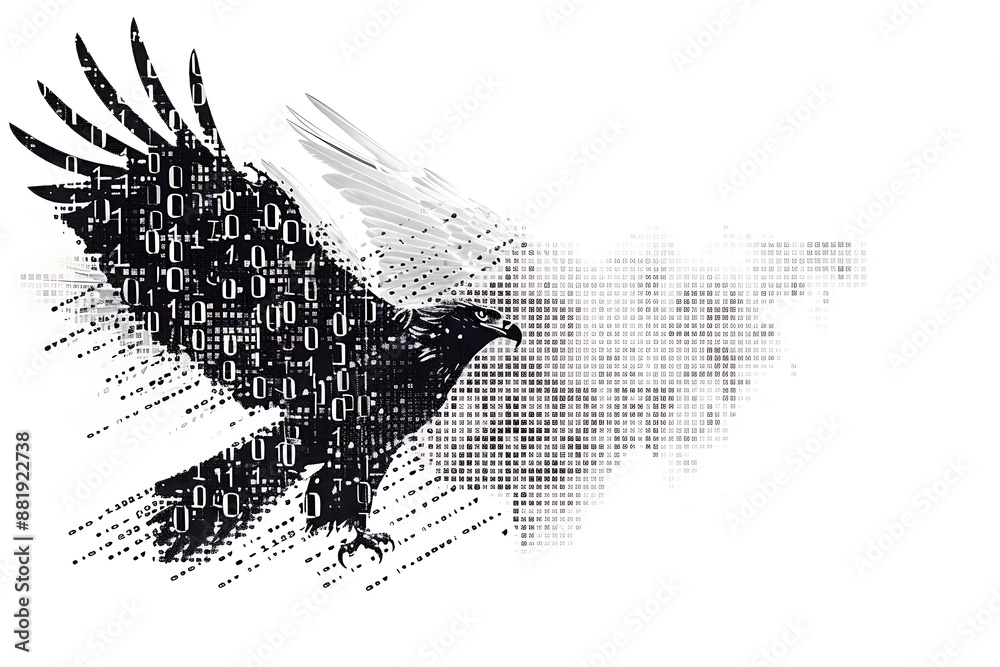 Eagle made from binary code on a white background in a wireframe plexus style, symbolizing the ...