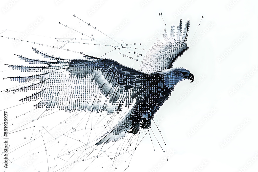 Eagle made from binary code on a white background in a wireframe plexus style, symbolizing the ...