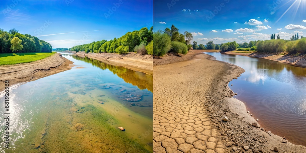 River showing significant decrease in water levels before and after a ...