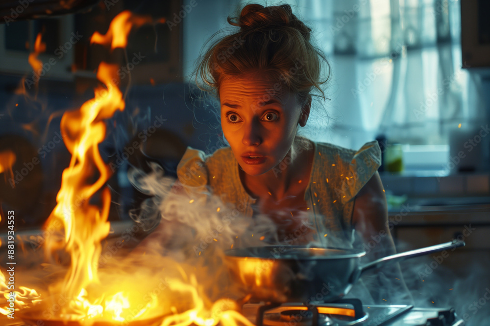 Dangerous cooking, frightened girl with flaming oil on the stove and a ...