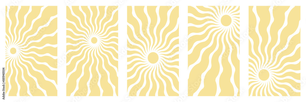Sun groovy vertical prints set isolated on transparent background. Hand ...