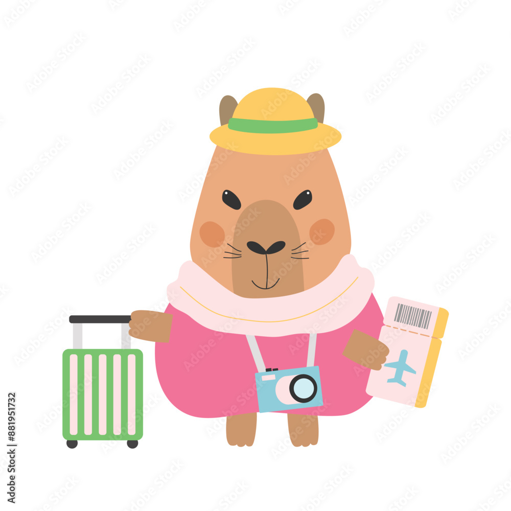 Capybara vector. Cute happy capybara with a suitcase and travel ticket ...