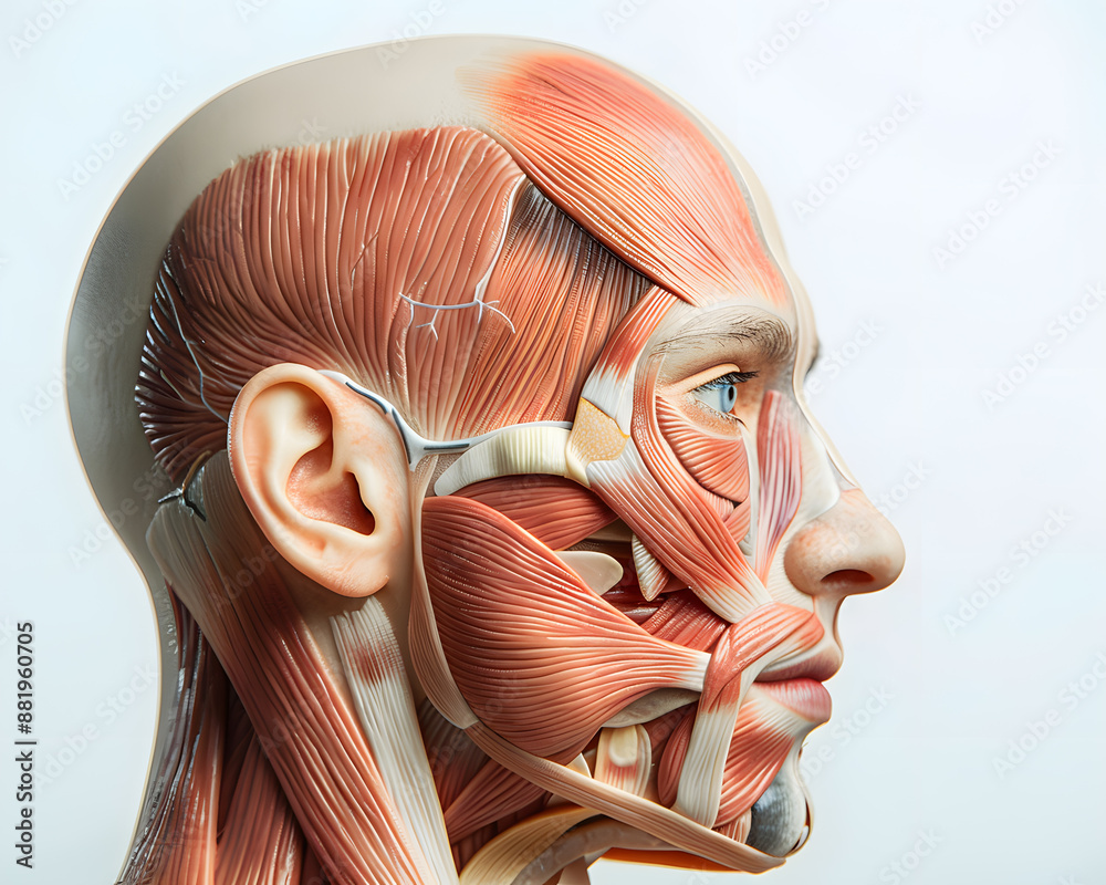 Side view of a man face internal muscles anatomy isolated on white ...