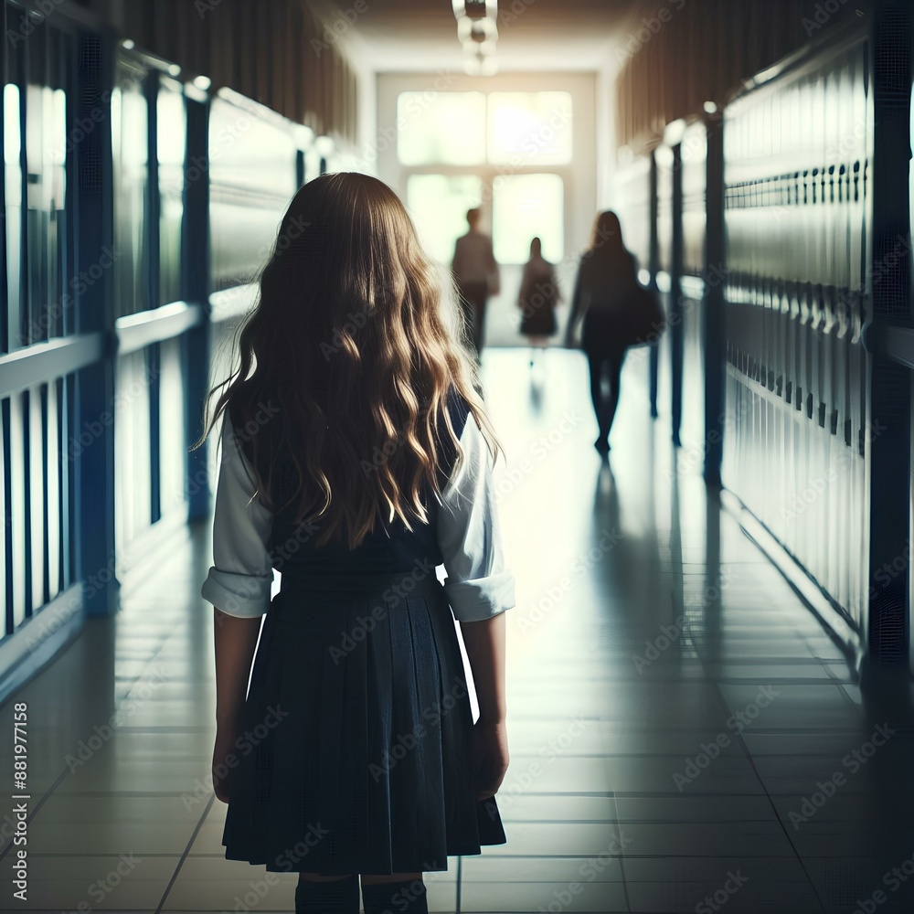 Schoolgirl walking alone down school hallway from the back. Lonely ...