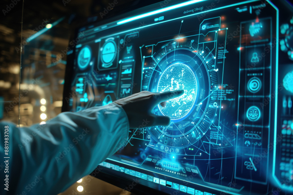 Scientist using a futuristic computer interface with a hologram of the ...