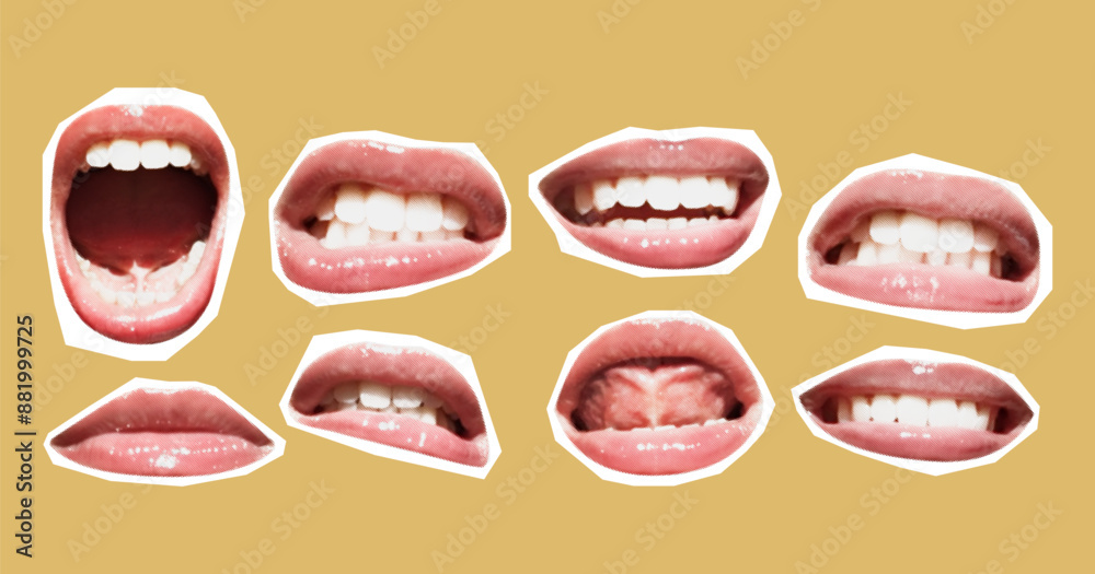 Clipping halftone of lips and mouths. Smile and scream. Cutout elements ...