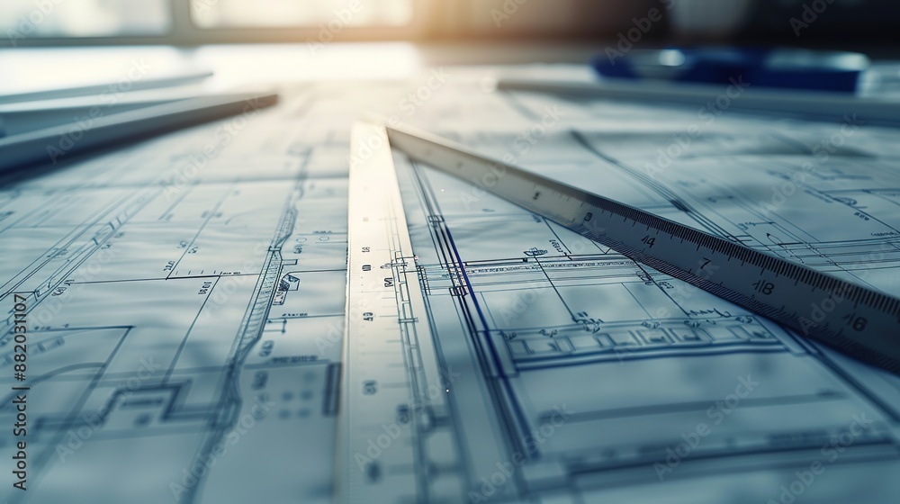 Architectural Blueprints and Scale Ruler in Soft Natural Light ...