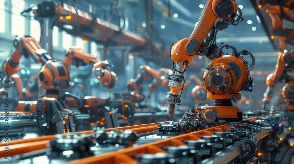 A robotics assembly line with autonomous robots constructing intricate ...