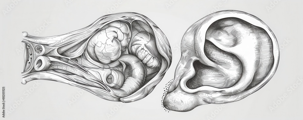 a full human ear anatomy clipart, anatomical diagram, precise line ...