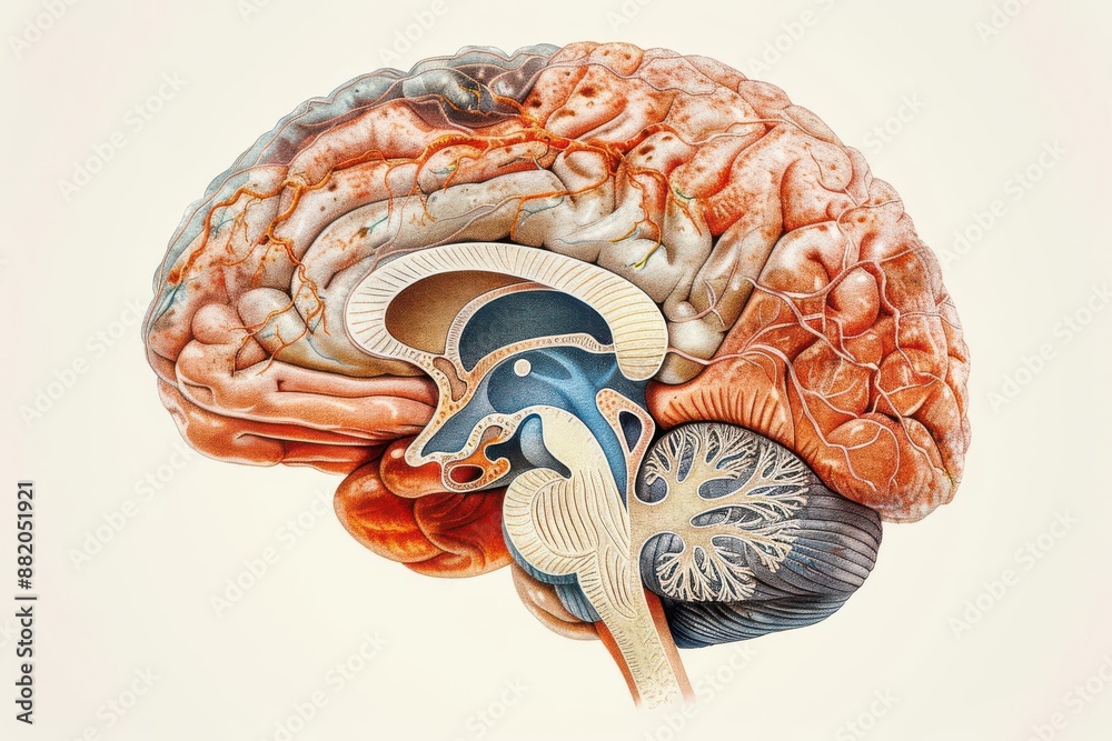 Artistic rendering of human brain anatomy, labeled brain regions ...